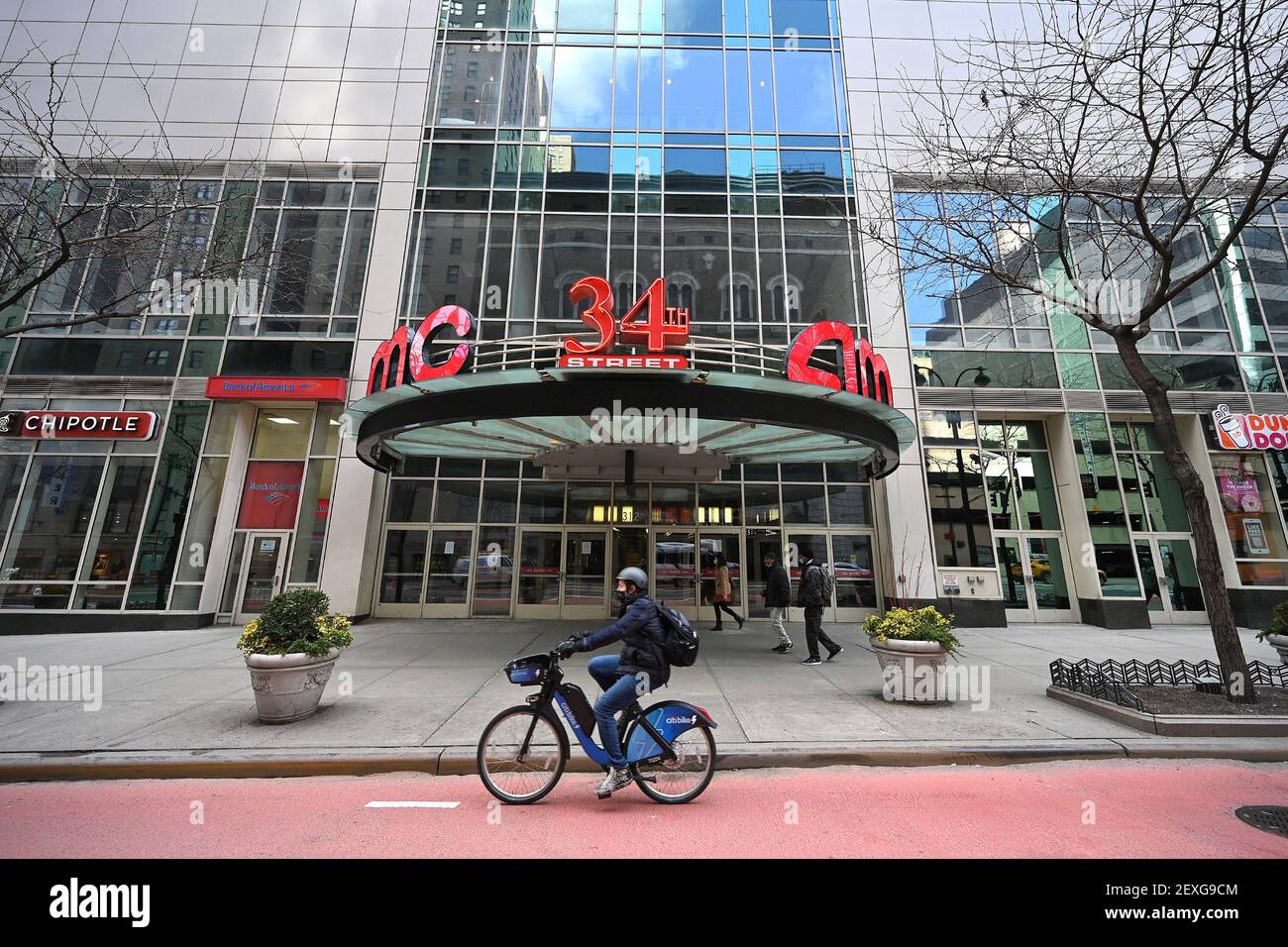 New York, USA. 04th Mar, 2021. Exterior view of AMC 34th Street as ...
