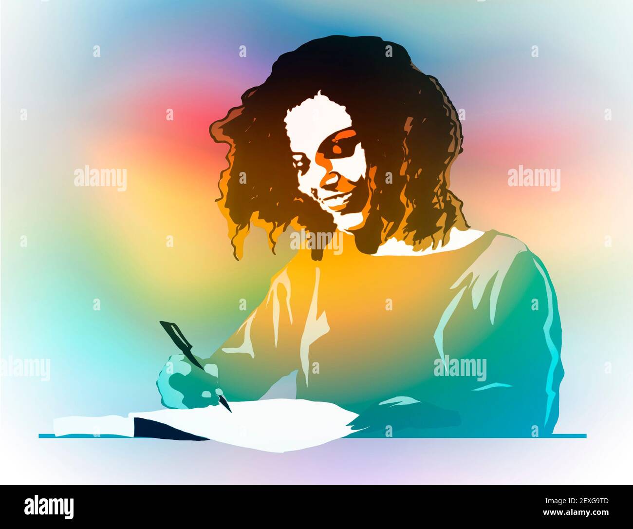 Drawing of a happy african female student reading a lecture from a book ...