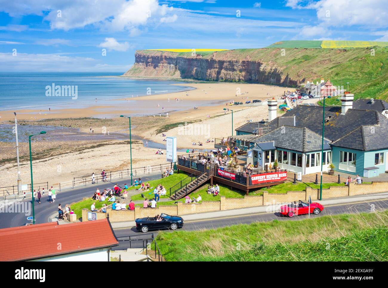 View over Saltburn beach towards The Cleveland Way coastal footpath ...