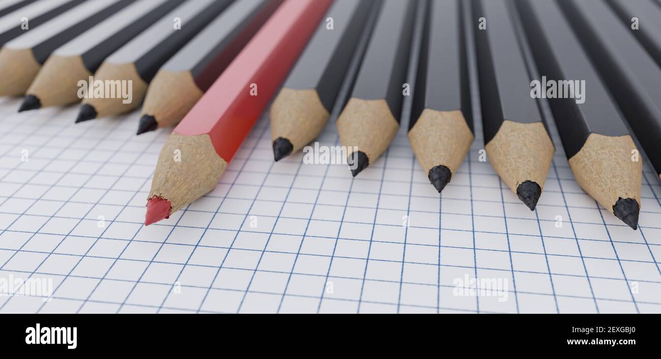 Multiple pencils in a row. One red pencil is different than others. 3D ...