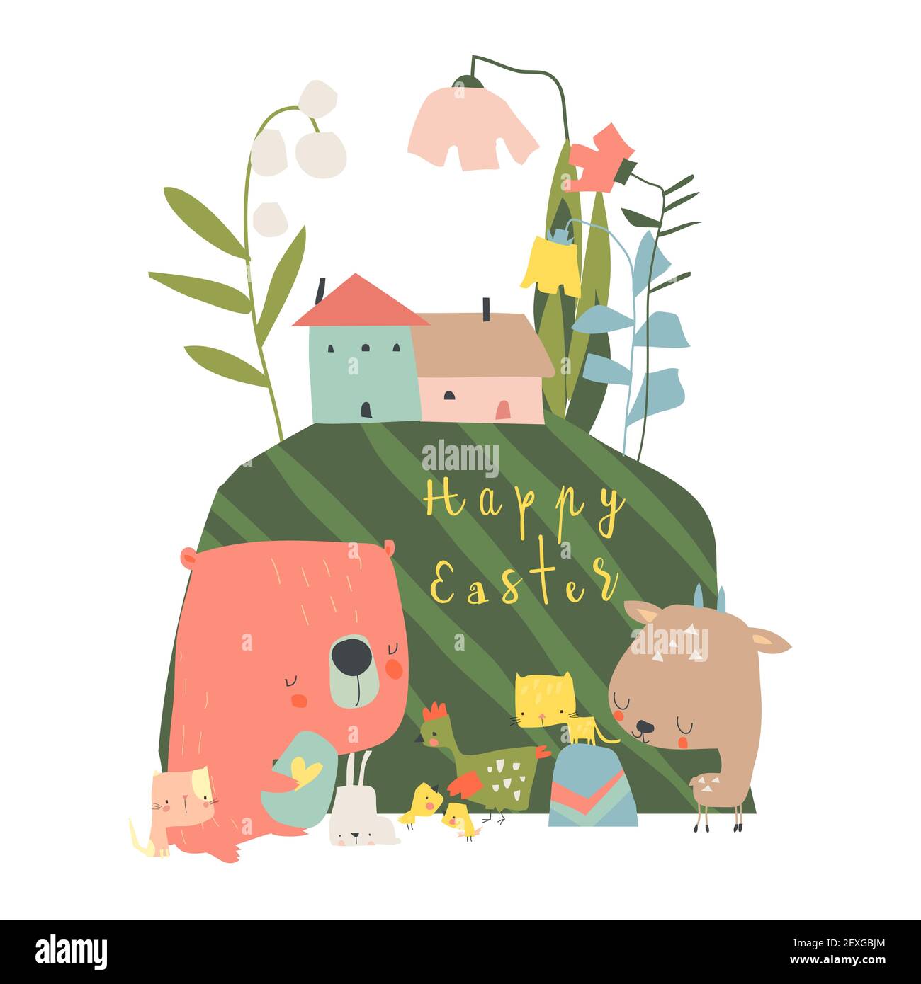 Cartoon illustration with cute animals celebrating Easter Stock Vector ...