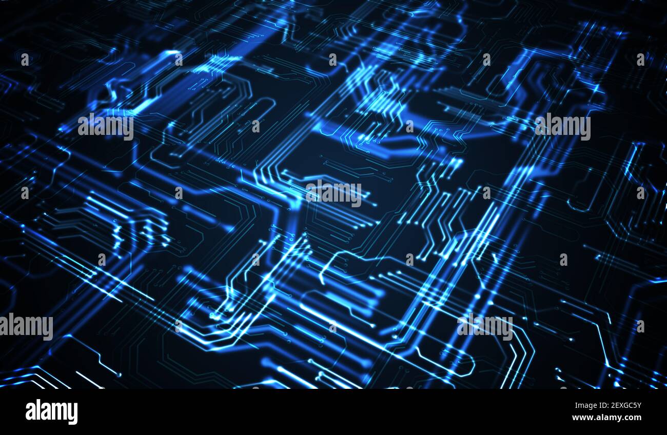 Quantum computing concept. Abstract glowing electronic circuit. 3D rendered illustration Stock ...