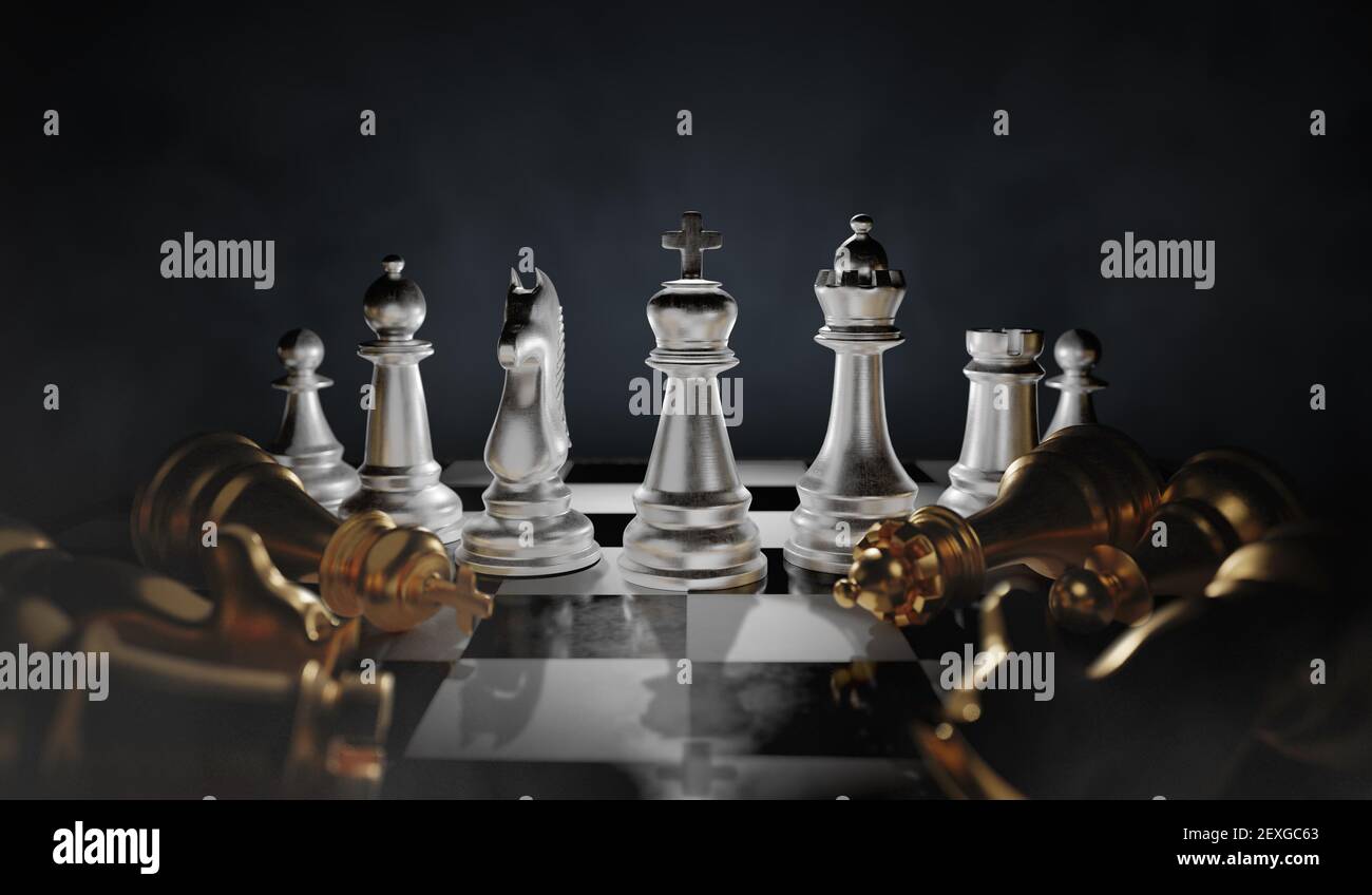 Victory in chess. Many dead pieces around. 3D rendered illustration ...