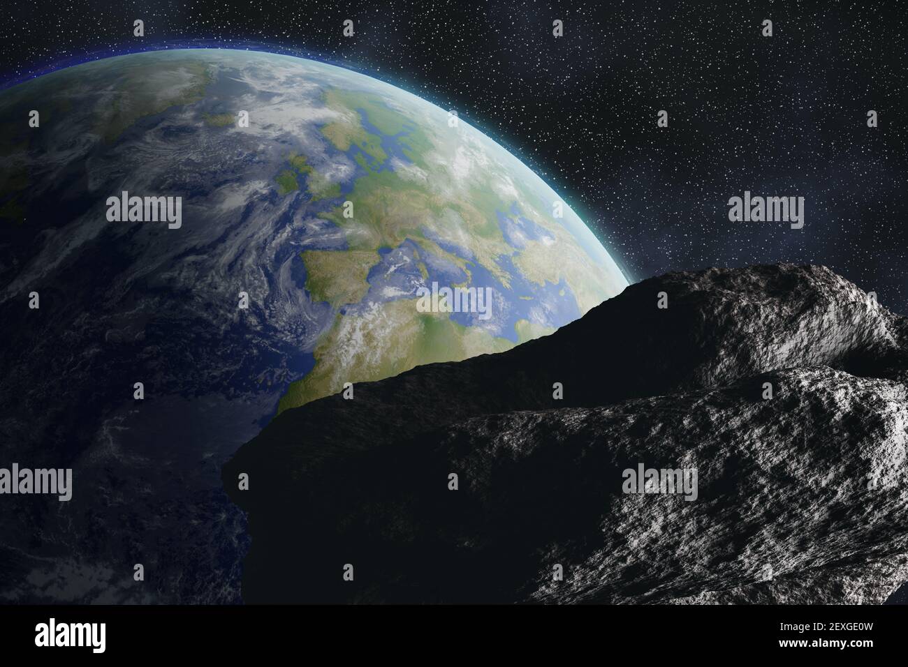 Big asteroid or meteor is floating to Earth. Apocalypse concept. 3D ...