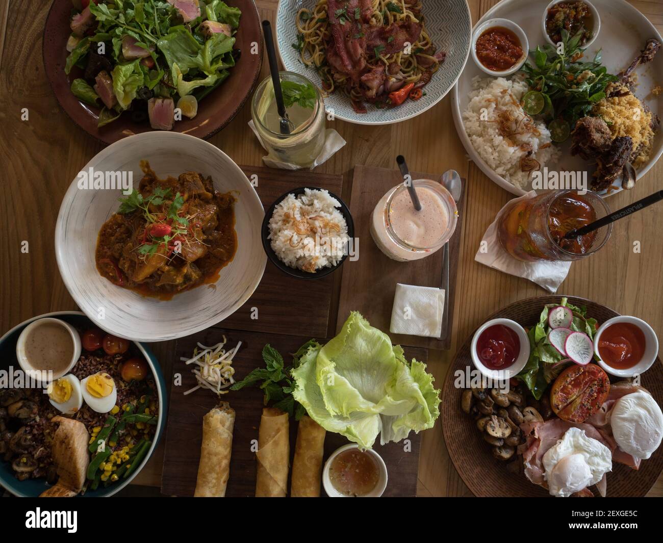 Top down view of different healthy dishes plates gourmet food culinary ...