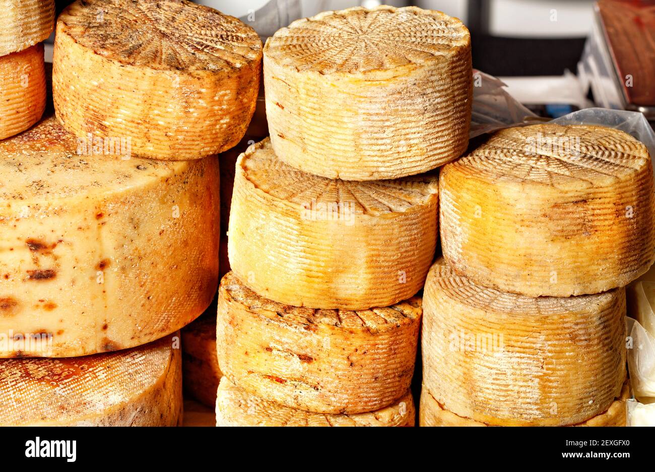 There are a bunch of small, round, smoked goat cheese on the counter ...