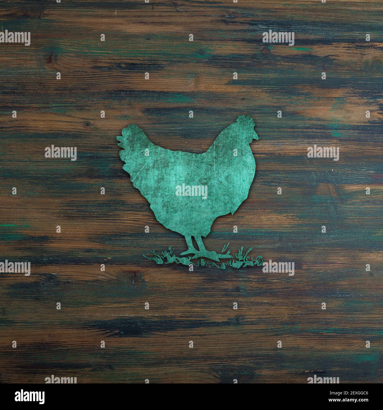 Rustic Chicken, Teal and Wooden Background Stock Photo - Alamy