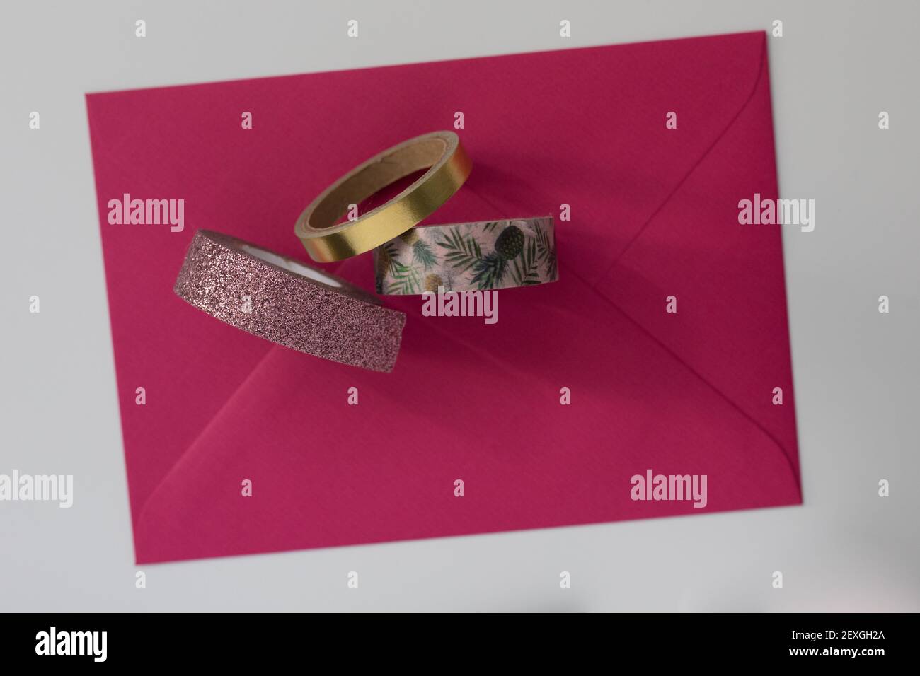 Closeup horizontal view of three elegant fun adhesive tapes in vertical ...