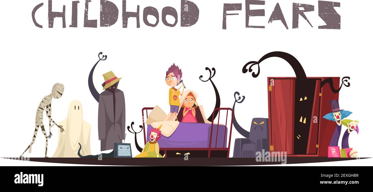Childhood fears concept with ghosts monsters and clowns symbols vector ...
