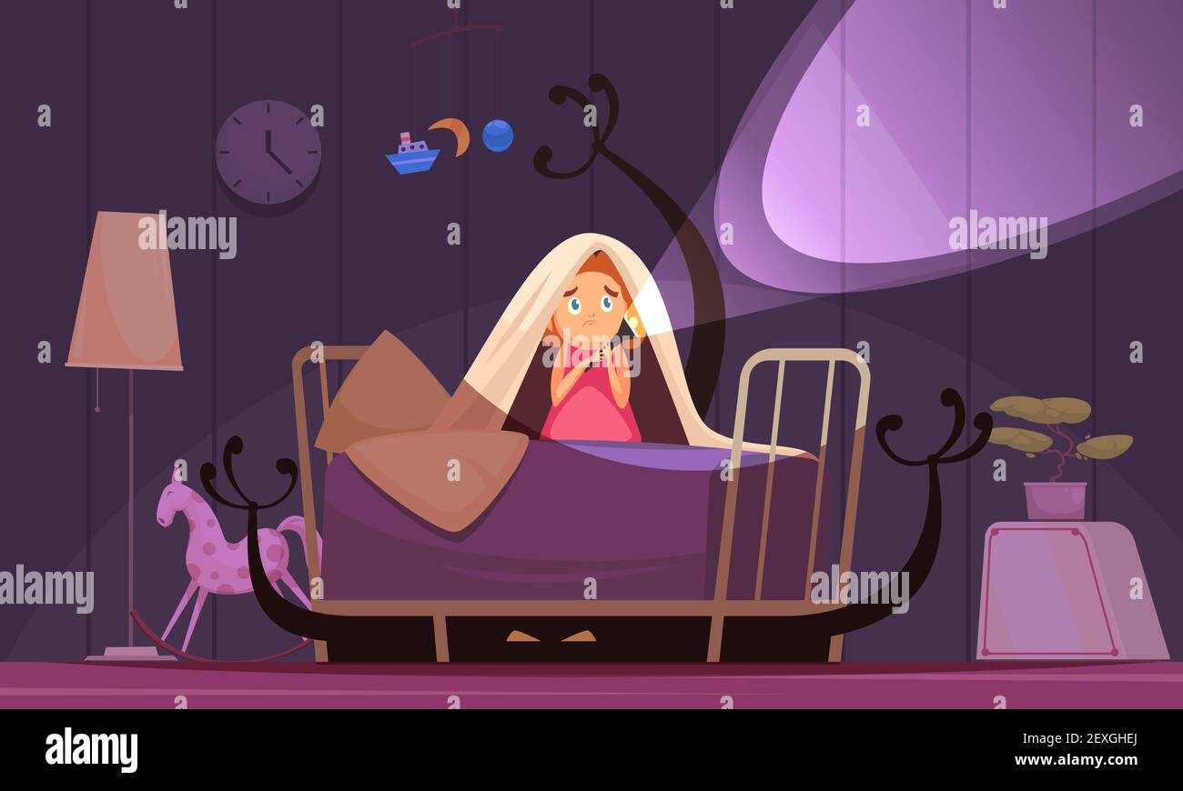 Childhood fears background with nightmares and bad dreams symbols ...