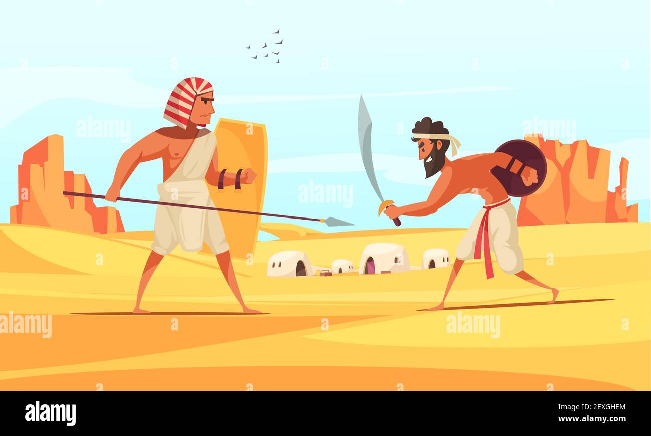 Ancient warriors fighting in desert with weapons background flat vector ...