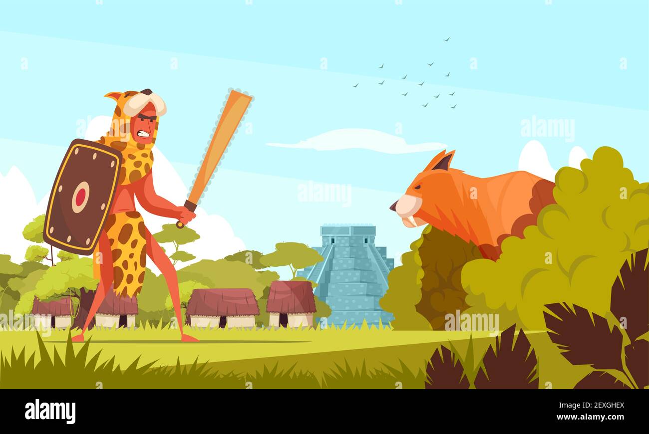 Ancient hunter background with weapons and wild animals flat vector ...