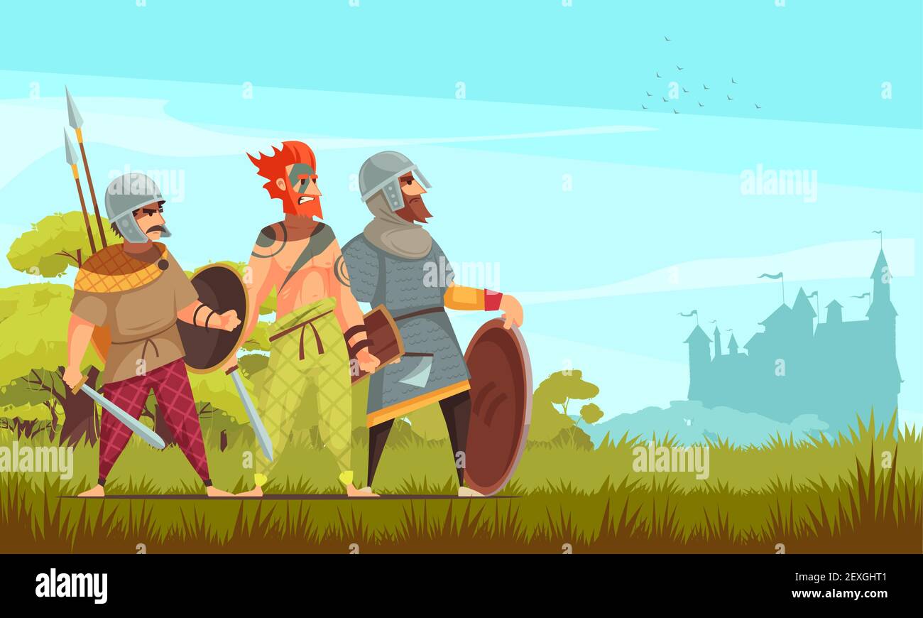 Ancient hunter background with weapons and wild animals flat vector ...