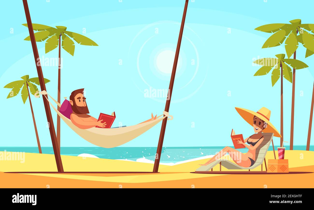 Beach reading background with sand palms and sea flat vector ...