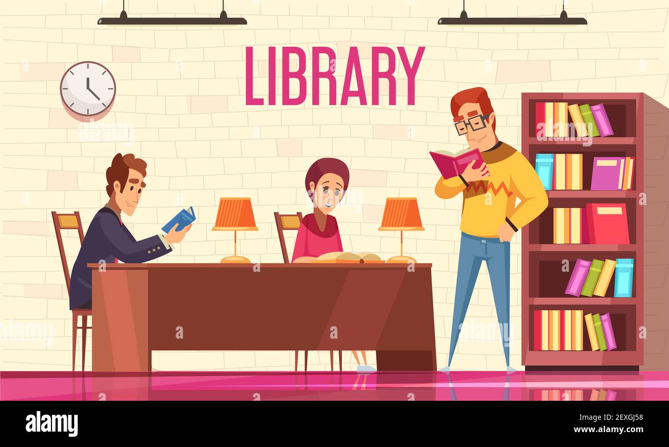 People reading books in library background with bookshelf flat vector ...
