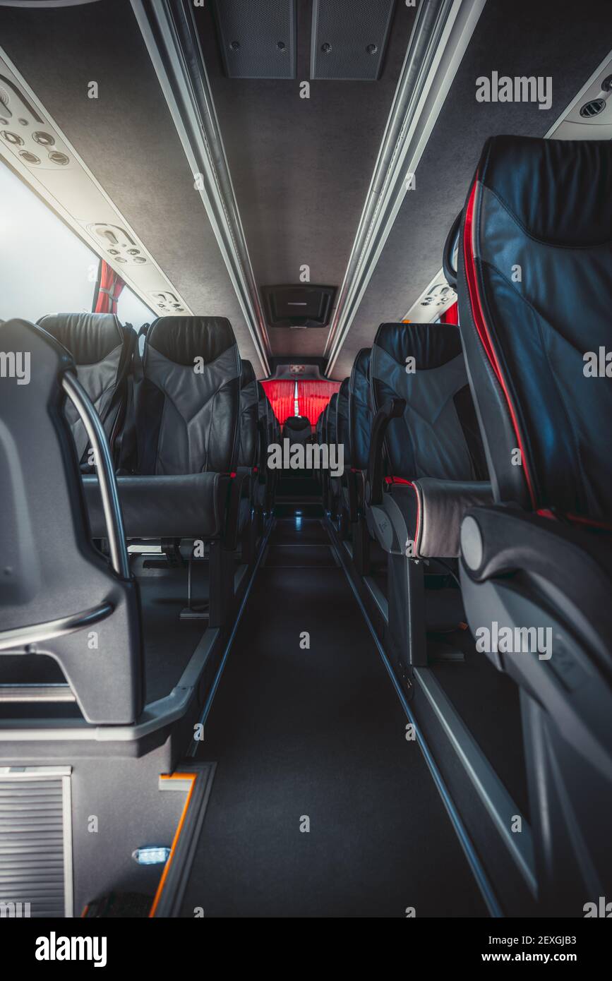 A vertical wide-angle view of an empty interior of a regular intercity ...