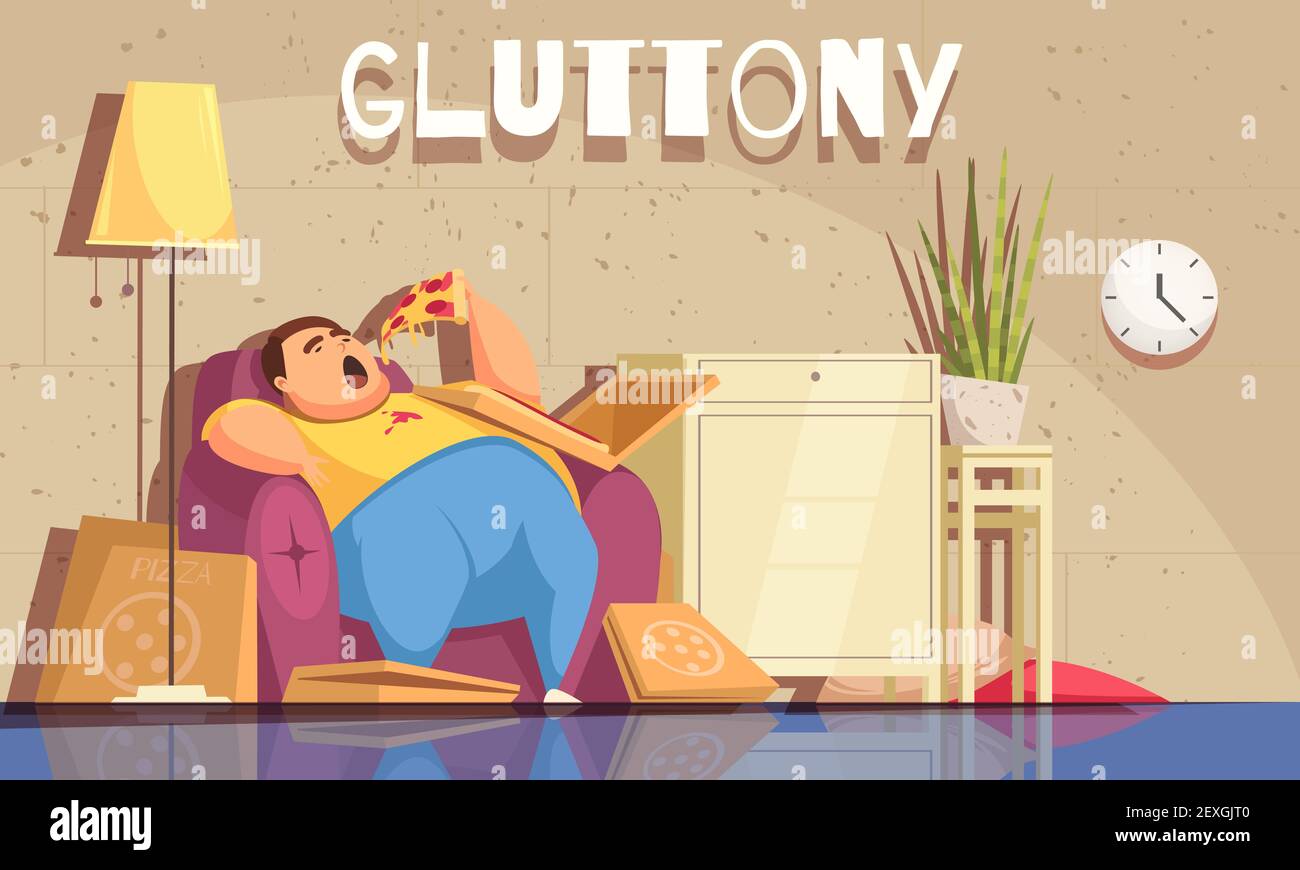Gluttony background with obsessive eating and overweight symbols flat ...