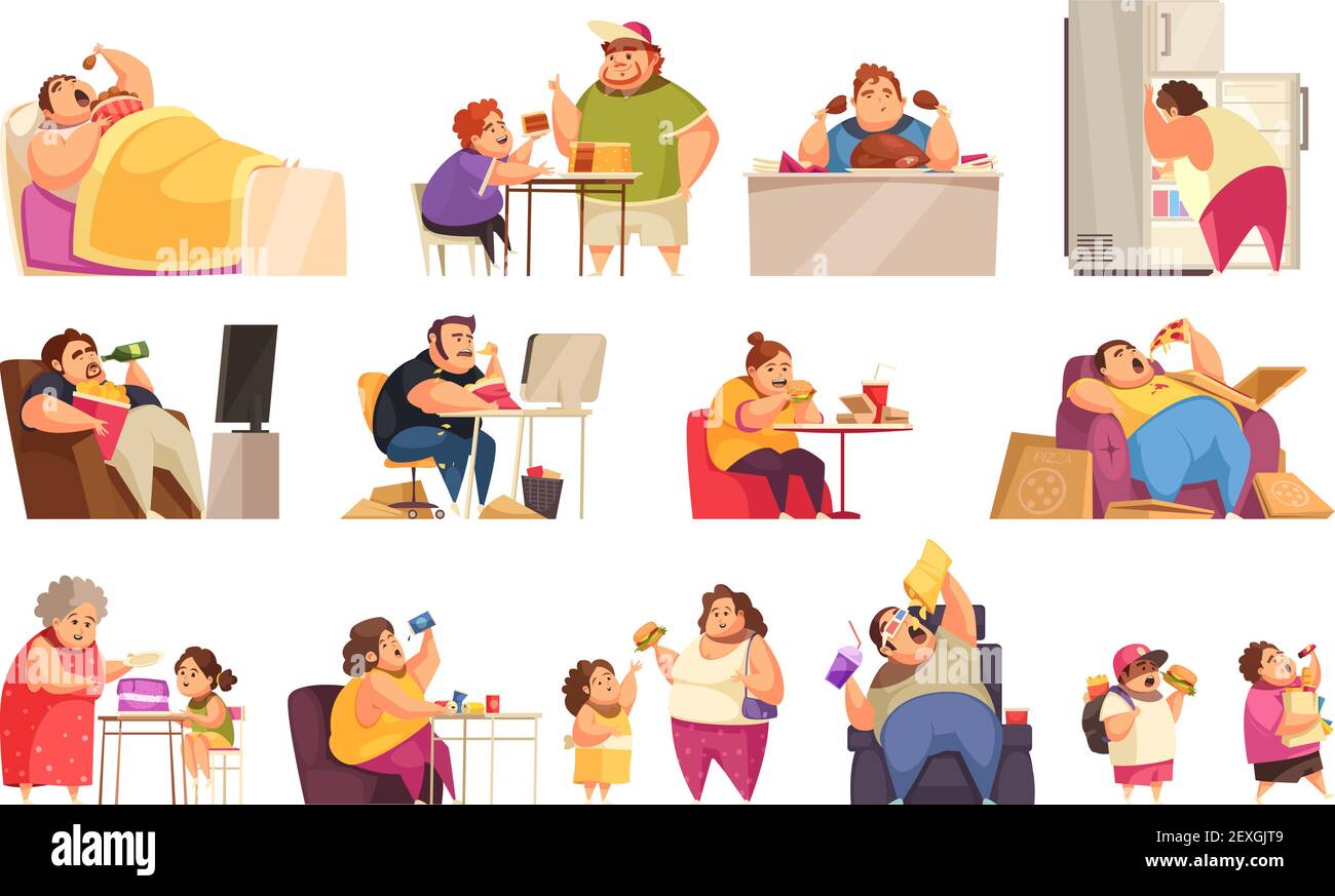 Gluttony icons set with obsessive eating symbols flat isolated vector ...