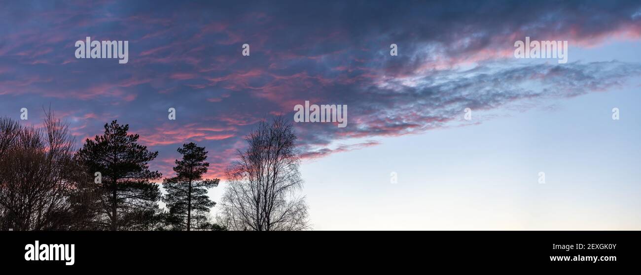 Scenic heavy dark blue purple clouds highlighted by low Sun, Sunset ...