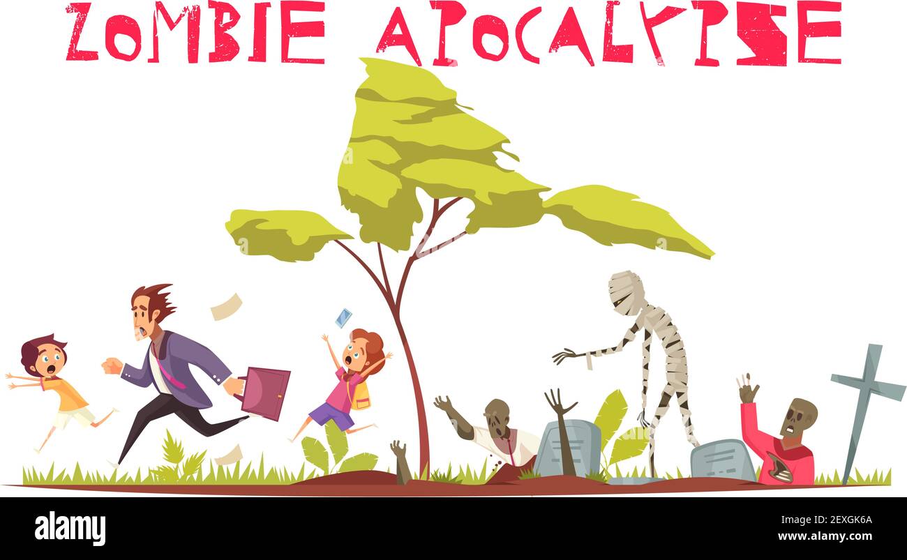 Zombie attack concept with apocalypse and fear symbols flat vector ...