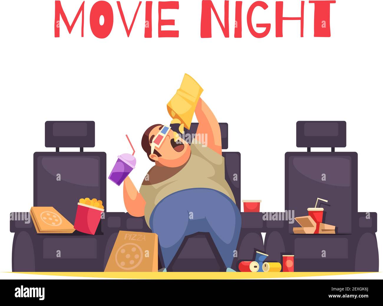 Movie night concept with gluttony and overeating symbols flat vector ...