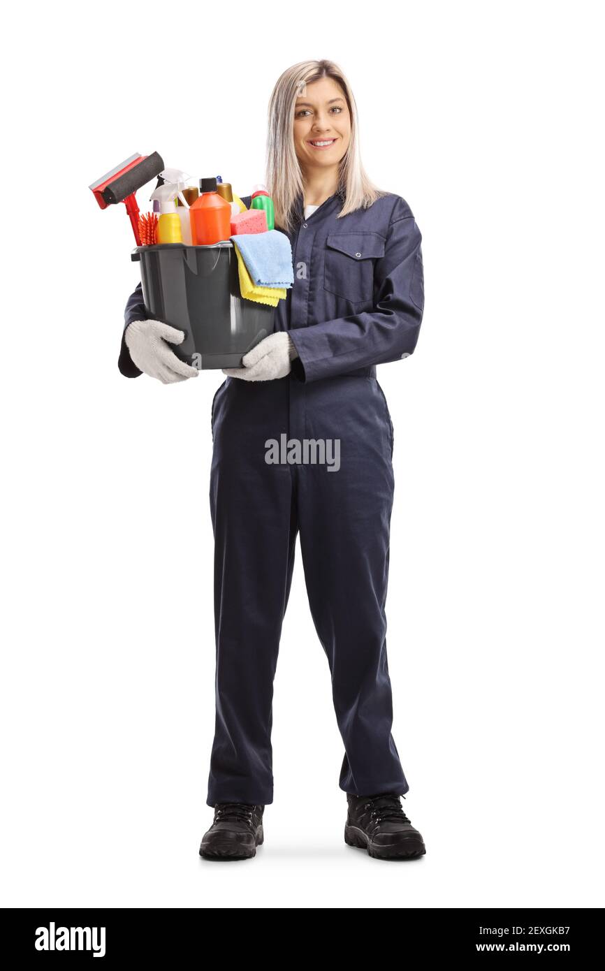 Full length portrait of a female professional cleaner holding a bucket ...