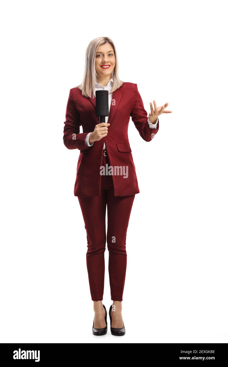 Full length portrait of a female reporter with a microphone gesturing ...