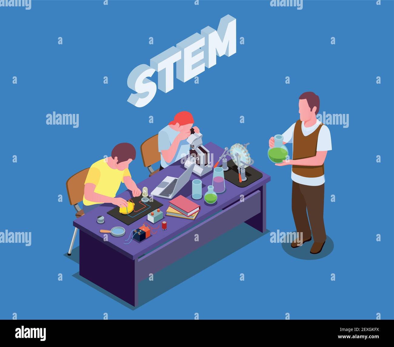STEM education isometric composition with text and human characters of ...