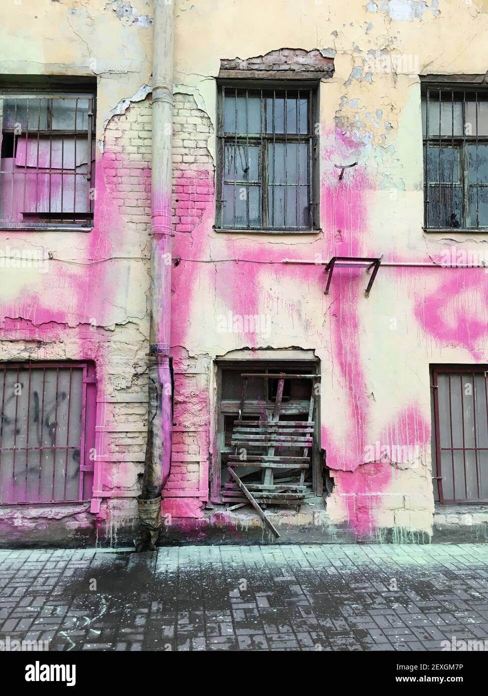 Saint-Petersburg architecture. Old abandoned desolate brick house with ...