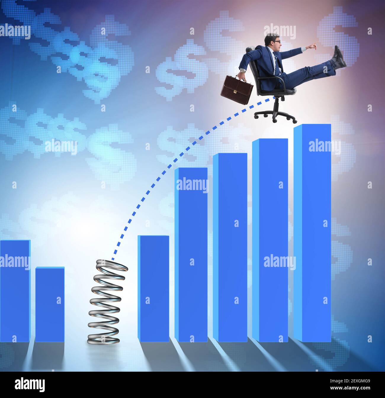 The business people jumping over bar charts Stock Photo - Alamy