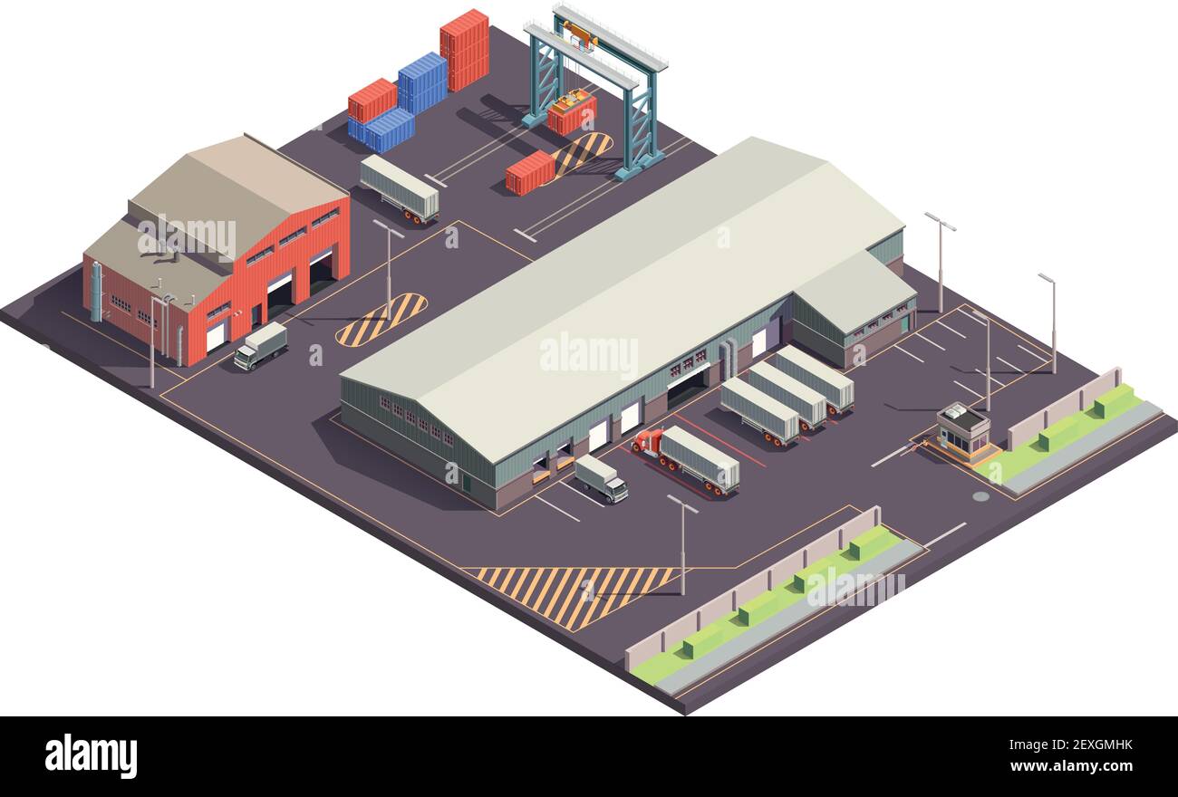 Industrial buildings isometric composition with parking lot cargo ...