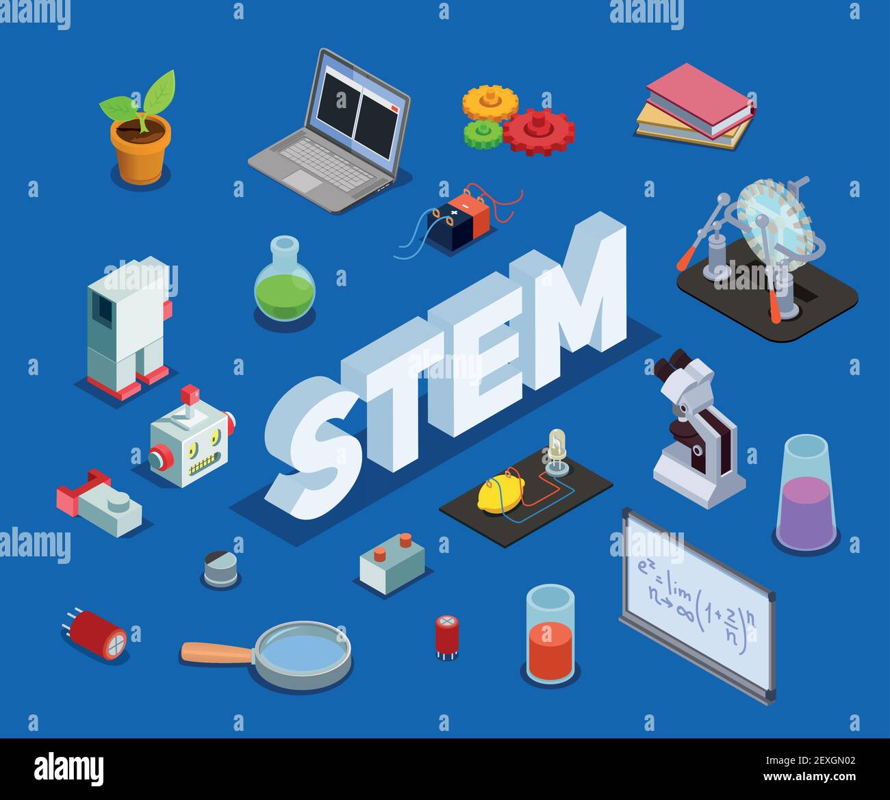 STEM education isometric composition with cumbersome text and isolated ...
