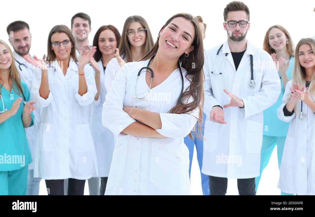 top view. a group of smiling doctors pointing at you Stock Photo - Alamy