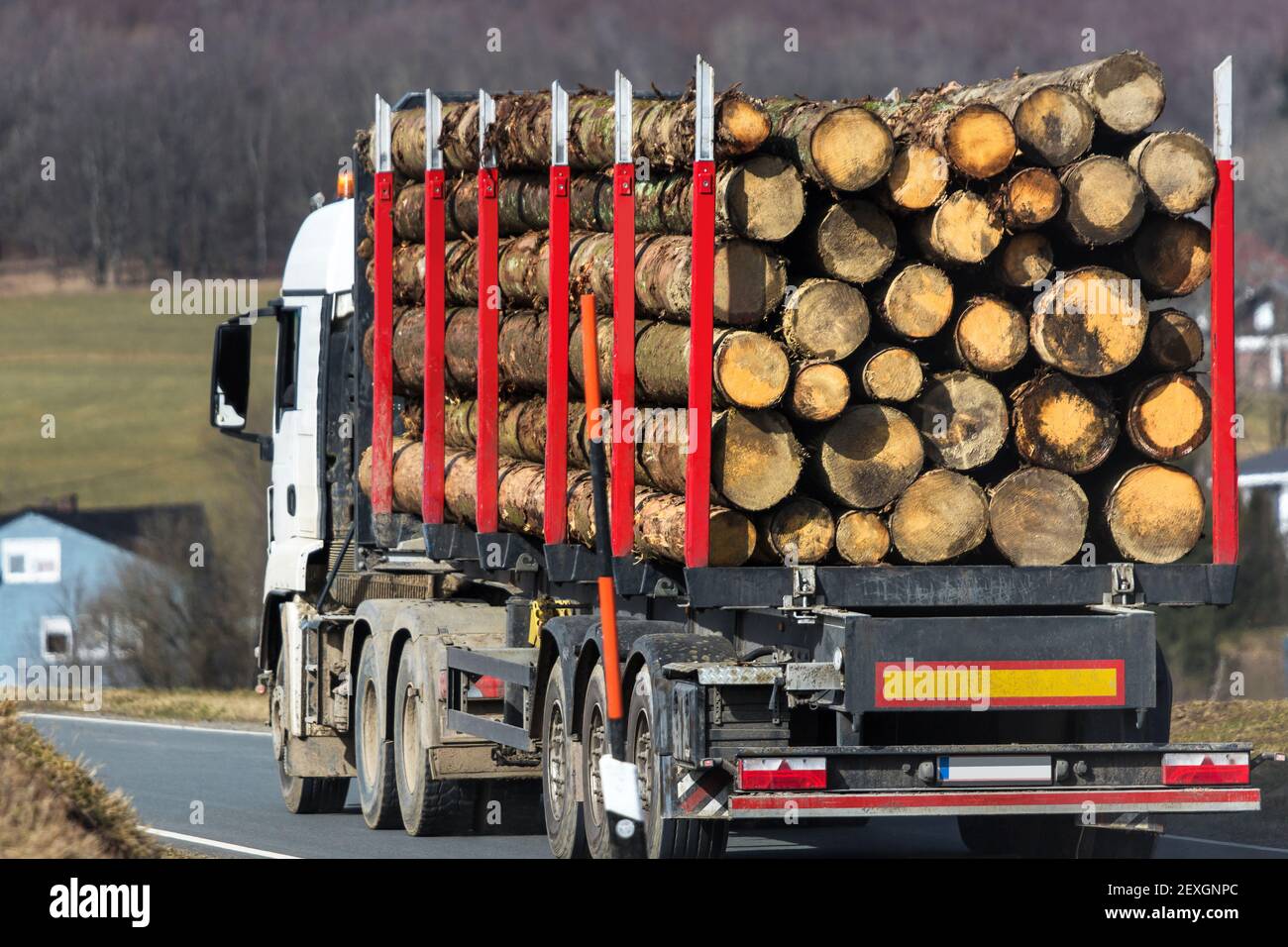 A full timber haulage truck on the road Stock Photo - Alamy