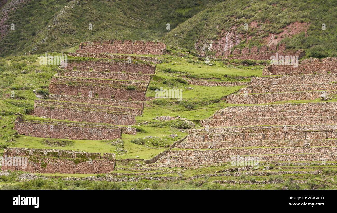 stepped Inca ruins on side of andes mountain,Urubamba Peru Stock Photo ...