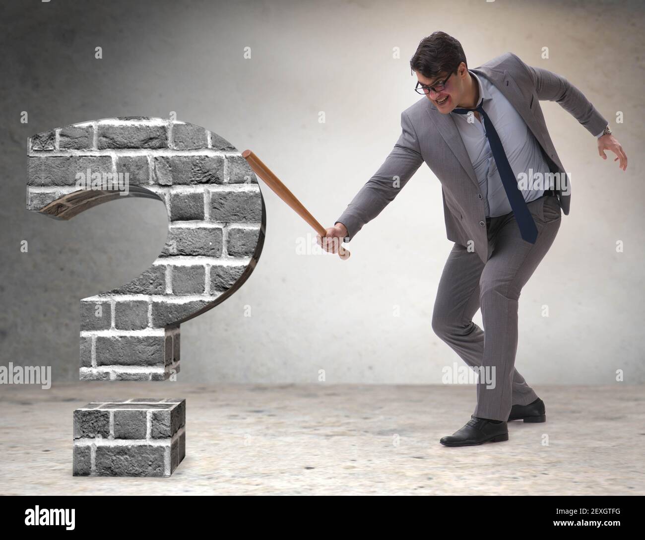 The angry man with baseball bat hitting question mark Stock Photo - Alamy