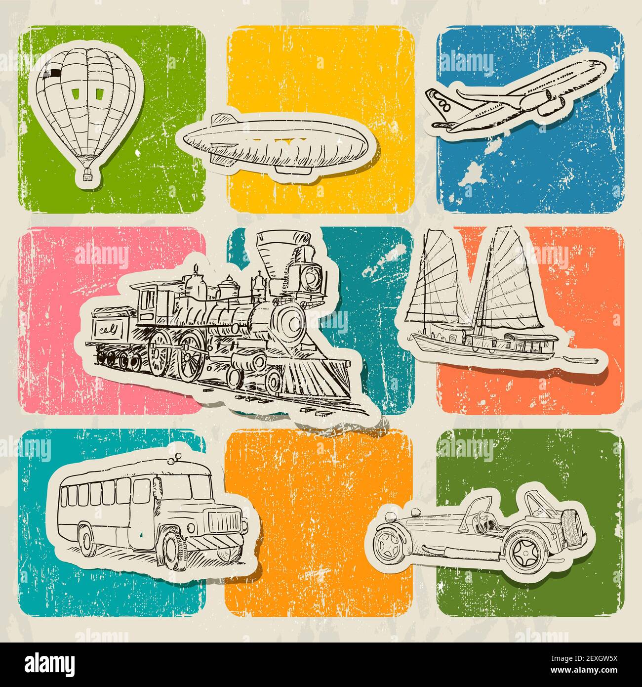 Vintage vector poster with different vehicles Stock Photo - Alamy