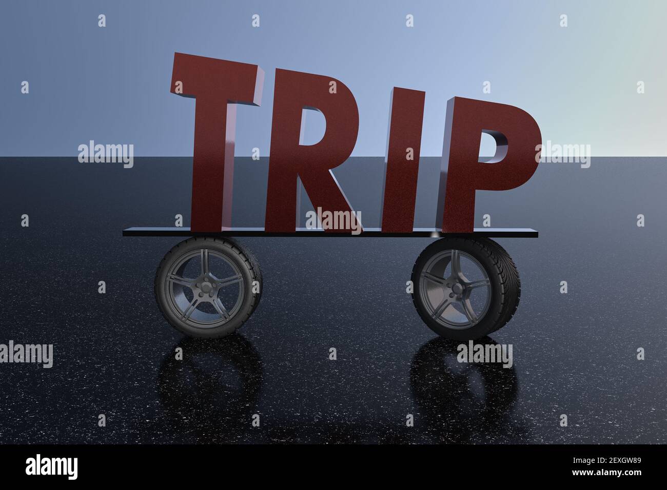 A rendered image of the word TRIP on two wheels simulating a car Stock ...