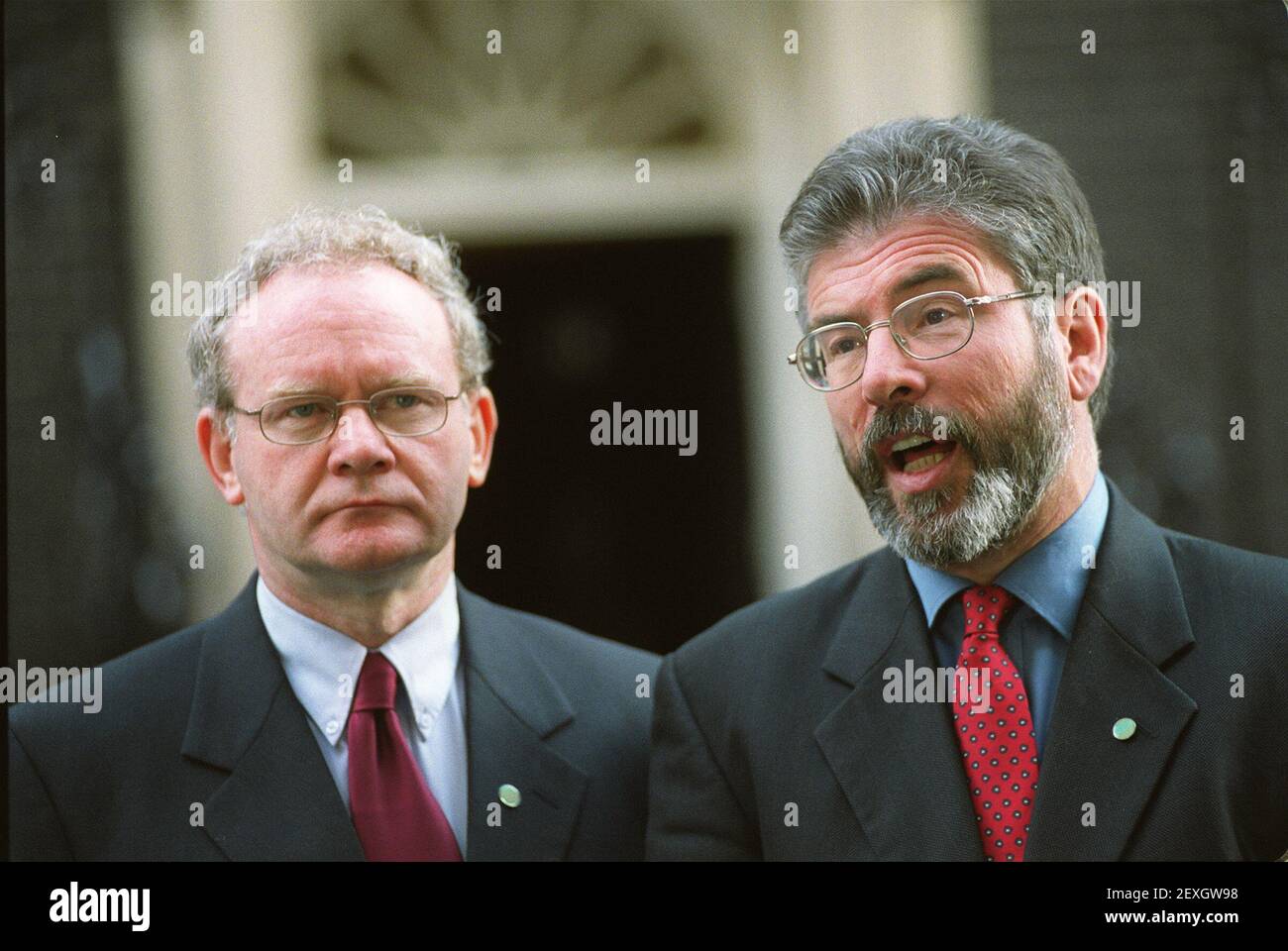 Martin McGuinness and Gerry Adams at 10 Downing Street, London.Picture ...