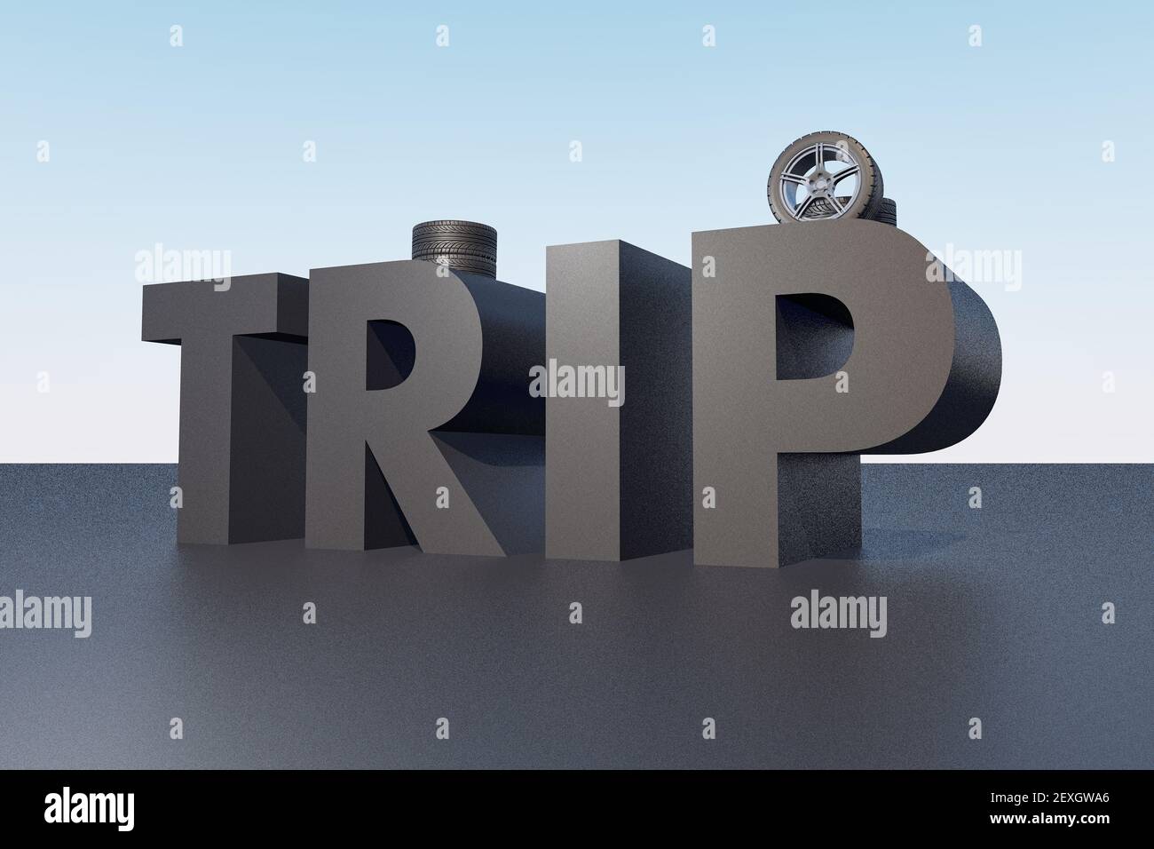A rendered image of some car wheels on the word TRIP in a surrealistic ...