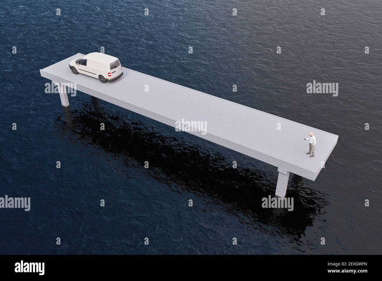 A rendered image of a white car on a dead-end bridge in the middle of ...