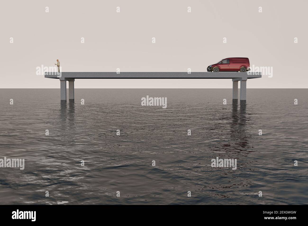 A rendered image of a red car on a dead-end bridge in the middle of the ...