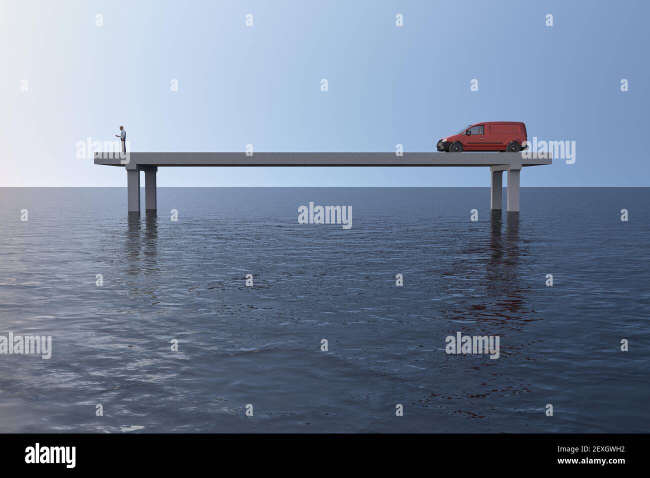 A rendered image of a red car on a dead-end bridge in the middle of the ...