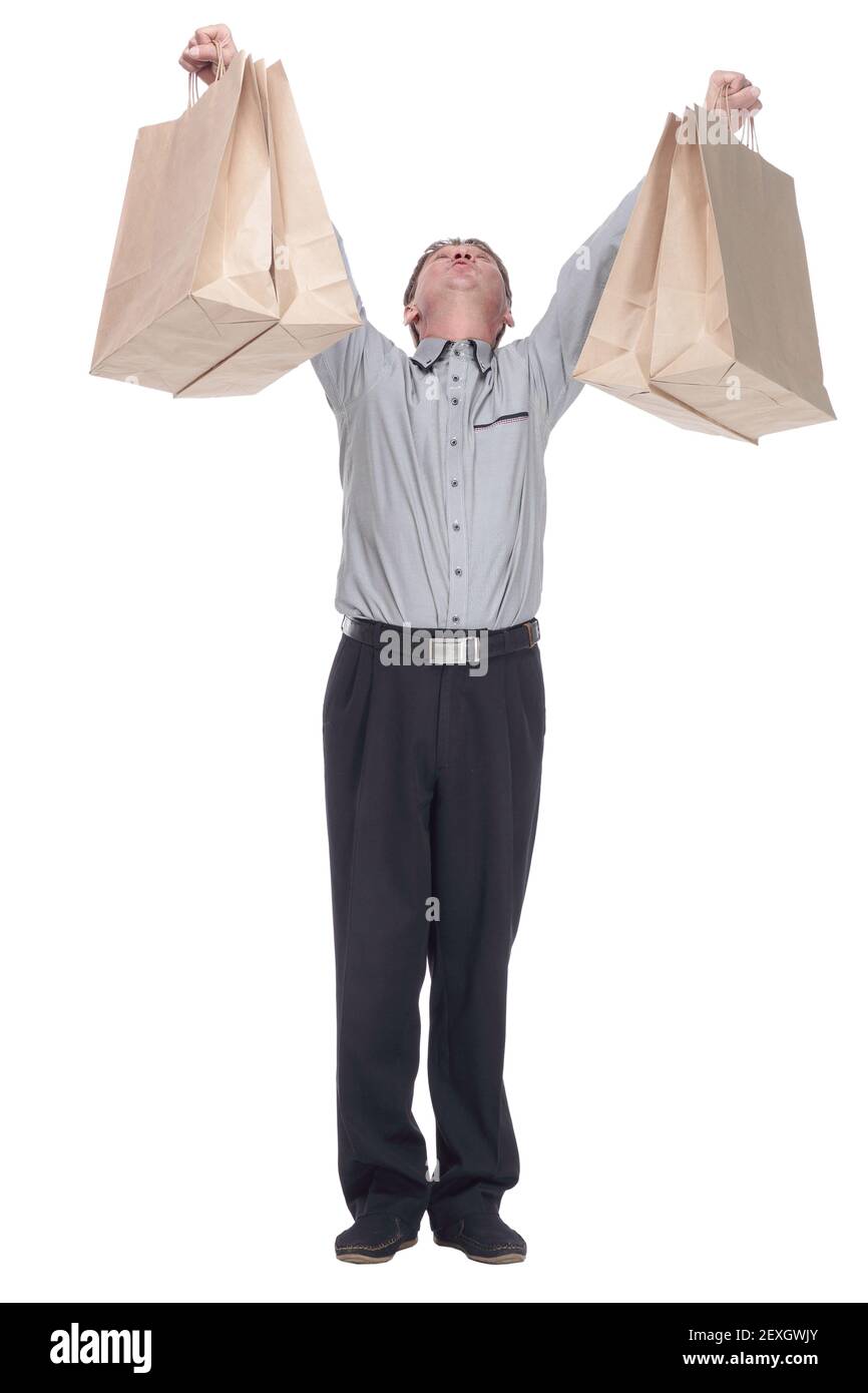 happy mature man showing his shopping bags Stock Photo - Alamy