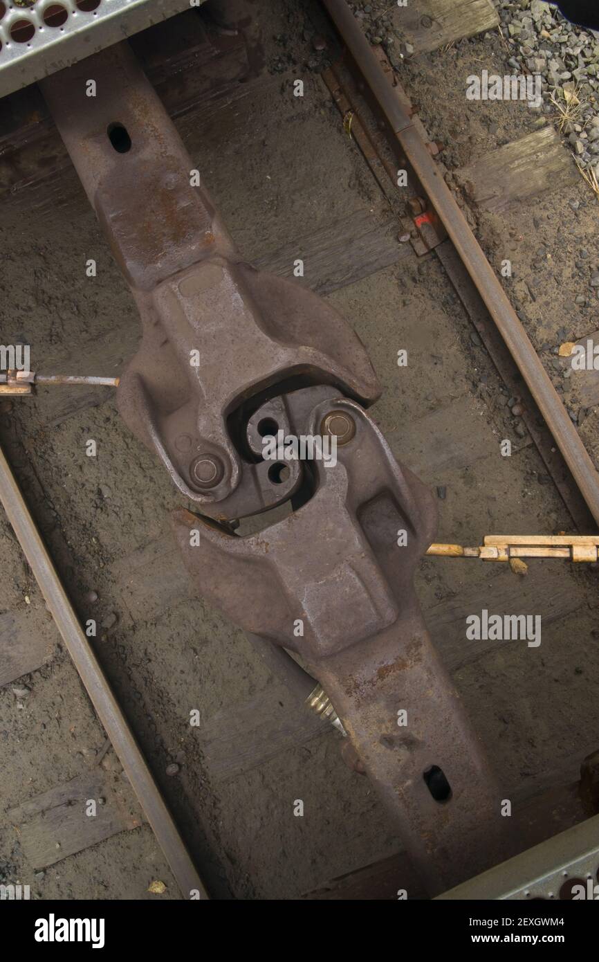 Metal Railroad Boxcar Coupler Between Cars Stock Photo - Alamy