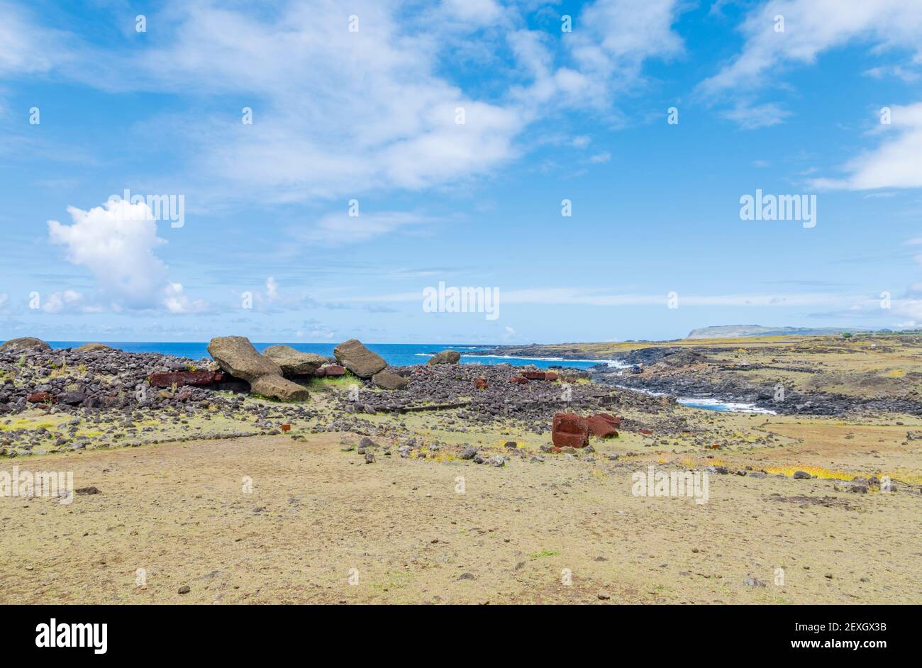 Fallen toppled moai (statues) and pukao (topknots) at Ahu Akahanga on ...