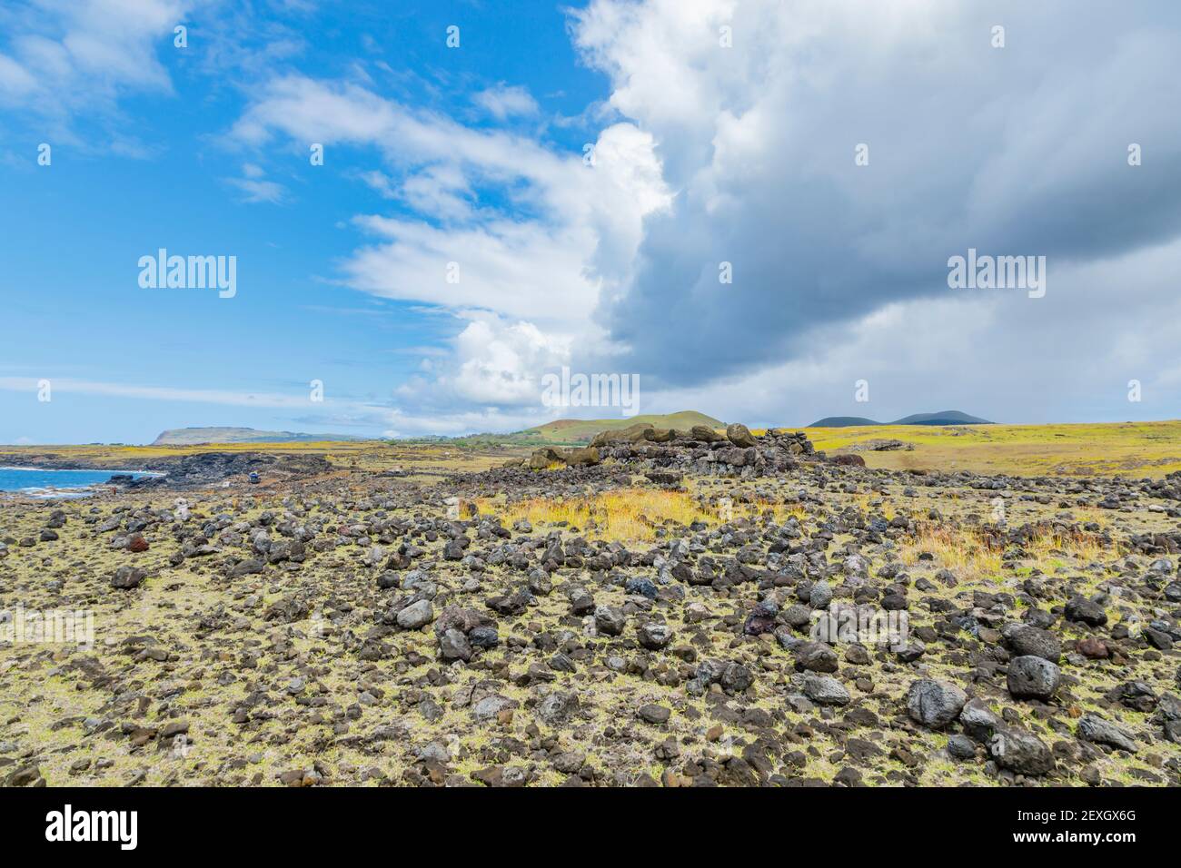 Fallen toppled moai (statues) on the ruined platform at Ahu Akahanga on ...