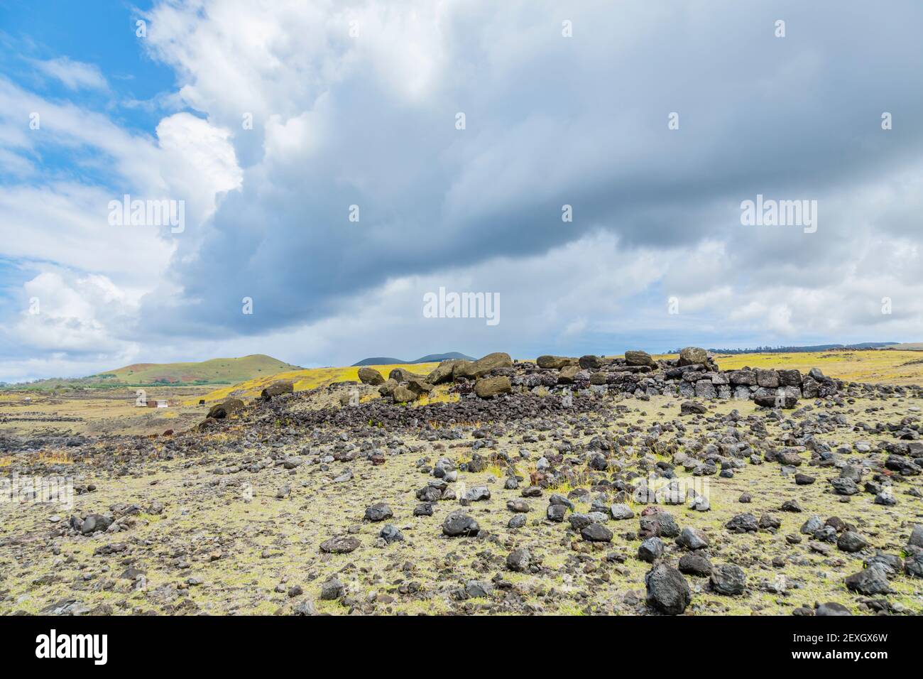 Fallen toppled moai (statues) on the ruined platform at Ahu Akahanga on ...