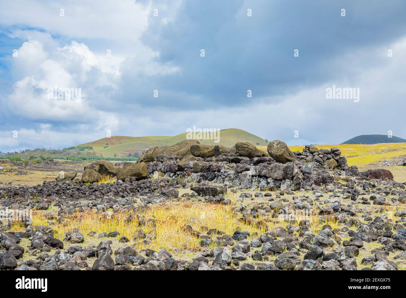 Fallen toppled moai (statues) on the ruined platform at Ahu Akahanga on ...