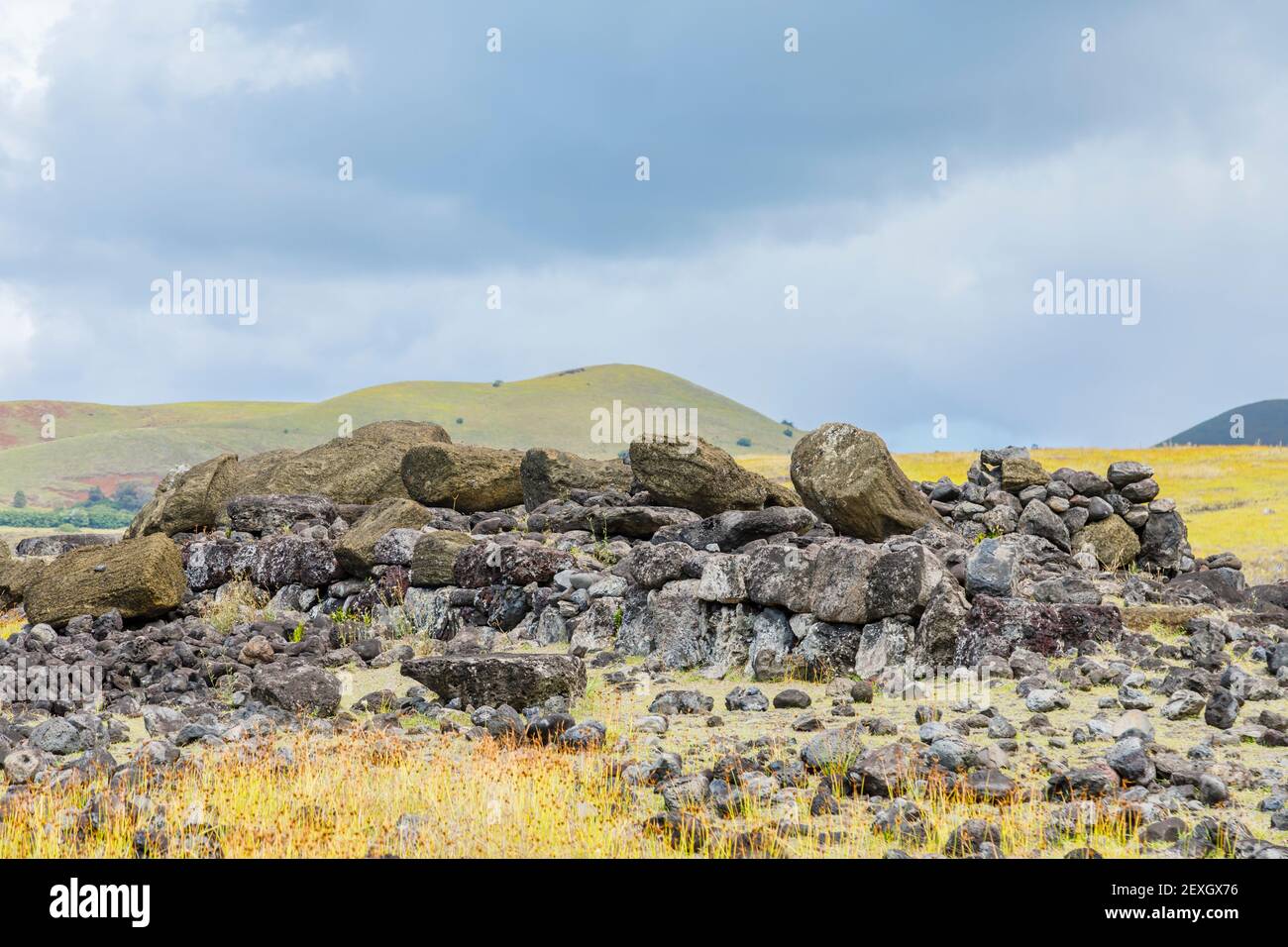 Fallen toppled moai (statues) on the ruined platform at Ahu Akahanga on ...